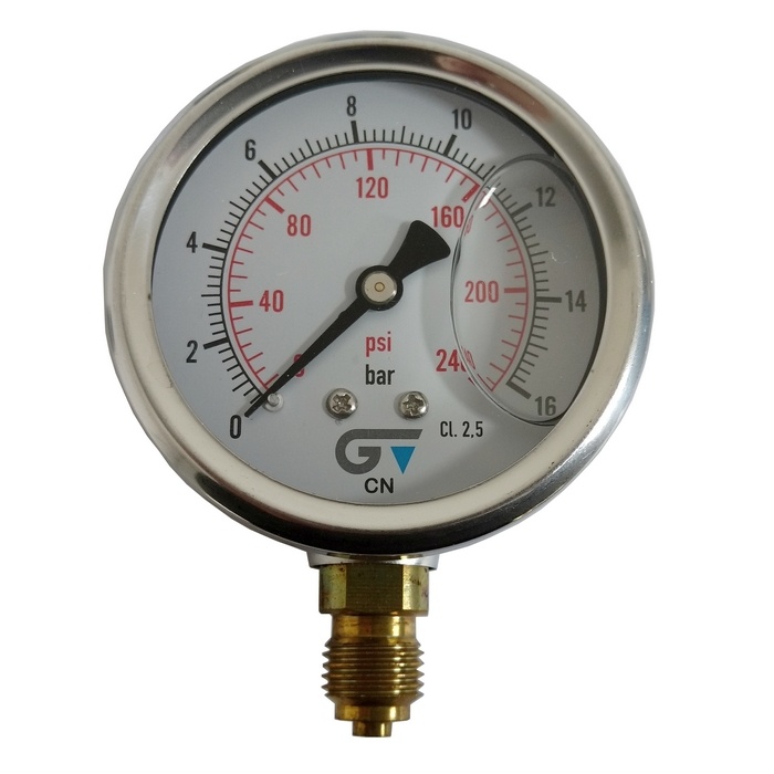 Manômetro Vertical 240 PSI / 16 Bar Com Rosca 1/4" BSP, Caixa Em Inox/Glicerina Ø 63 mm Cód. 288505