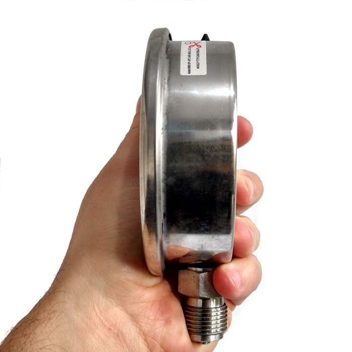 Manômetro Vertical 400 PSI / 25 Bar Com Rosca 1/2" BSP, Total Inox/Glicerina Ø 100 mm Cód. 288042