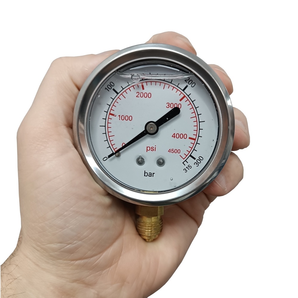 Manômetro Vertical 4500 PSI / 315 Bar c/ Rosca 1/4" BSP, Caixa Inox/Glicerina Ø 63 mm Cód. 288049